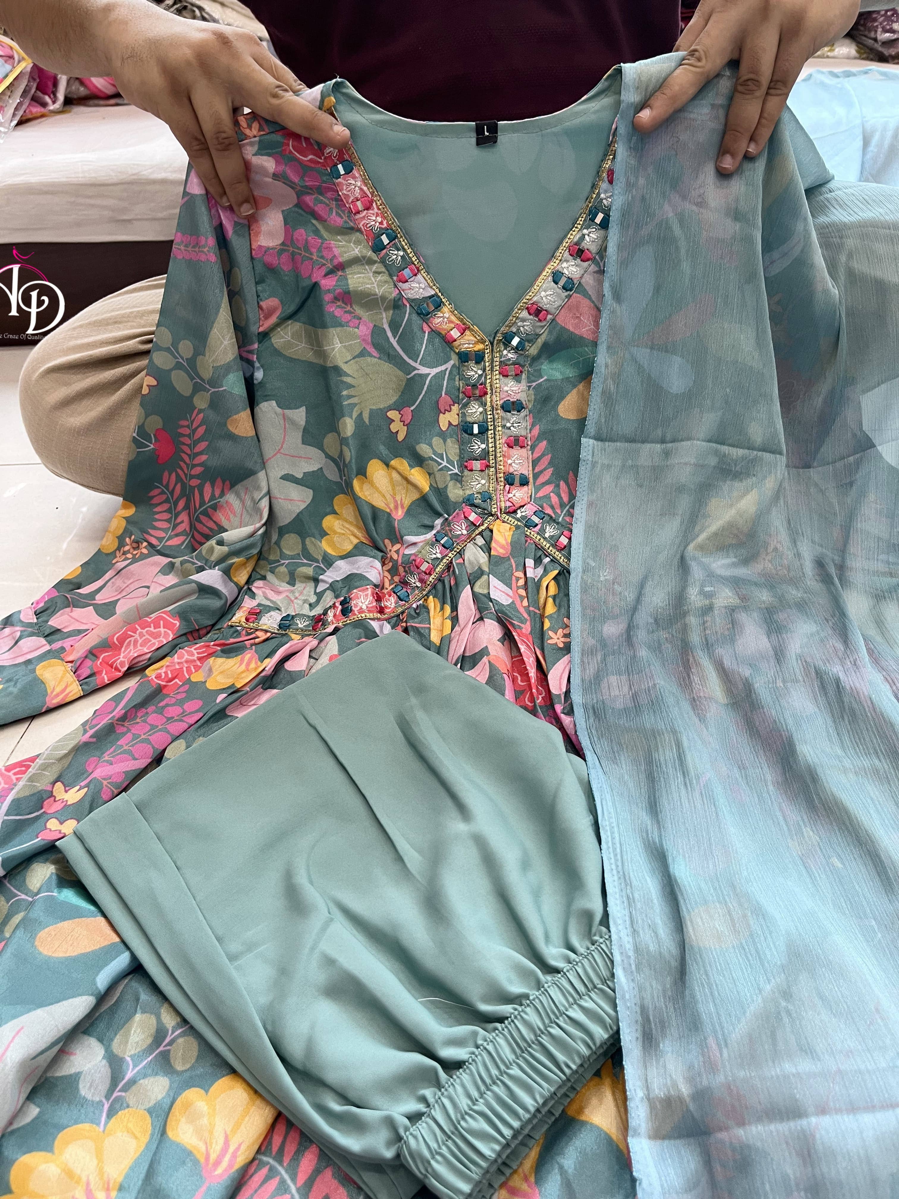 Mehera Green Designer Alia Cut Kurti Bottom With Dupatta
