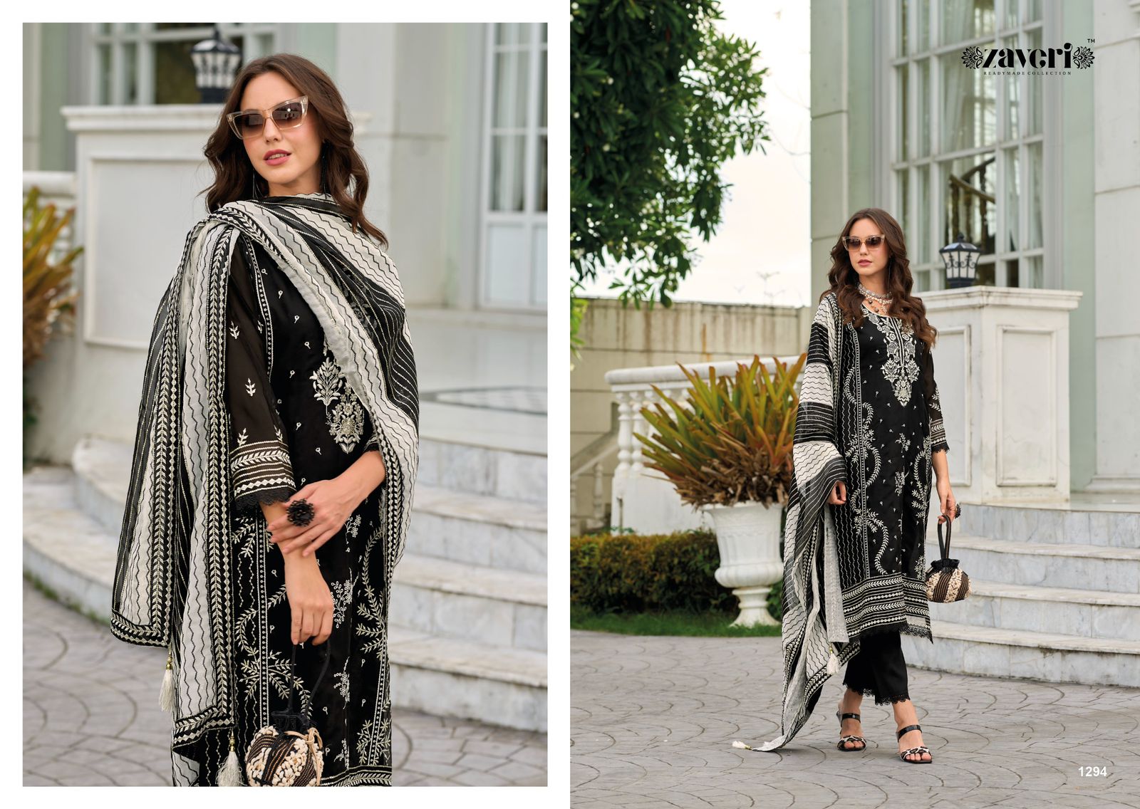 Zaveri Black And White Simi Embroidery Readymade Dress Collection